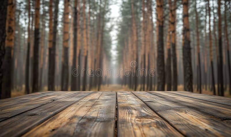 Wooden Table in Forest with Tall Pine Trees and Misty Background Stock ...
