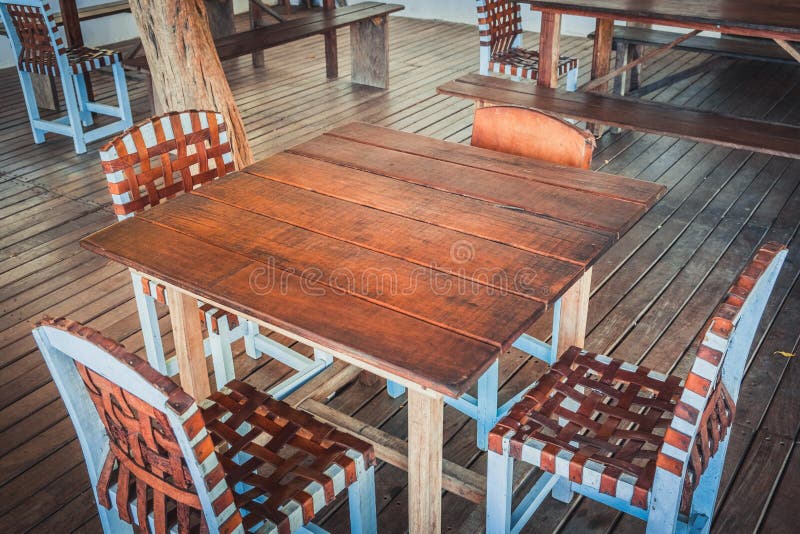 Wooden Table and Four Chairs - Empty Restaurant Stock Image - Image of ...