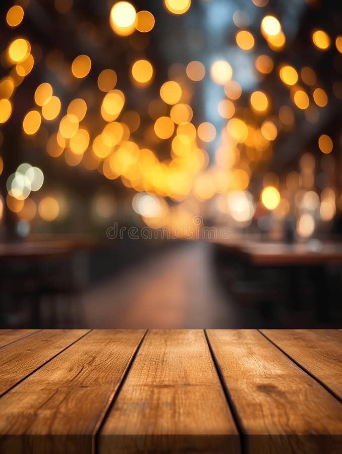 Wooden Table in Front of Abstract Blurred Background of Cafe or ...