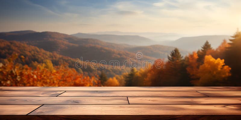 Wooden Table in Front of Blurred Autumn Landscape. Collage Stock ...