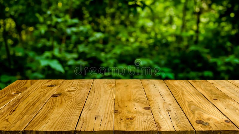 A Wooden Table in Front of a Lush Green Forest Stock Illustration ...
