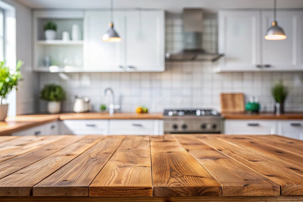 Wooden Table in Front of Blurred Kitchen Bench Background Stock ...