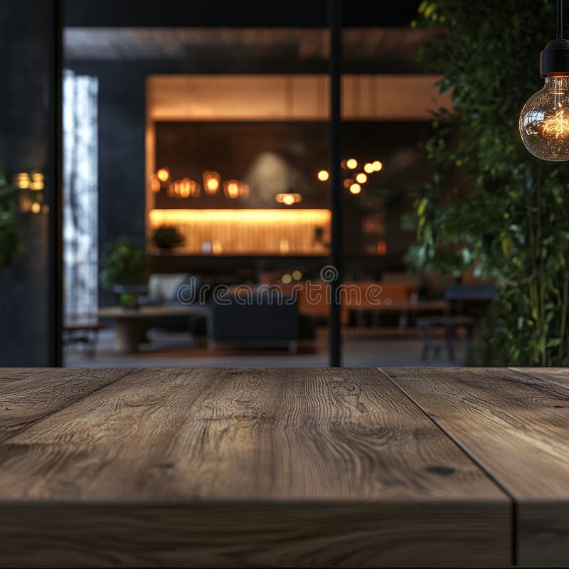 Wooden Table in Front of Blurred Restaurant Background. Perspective ...