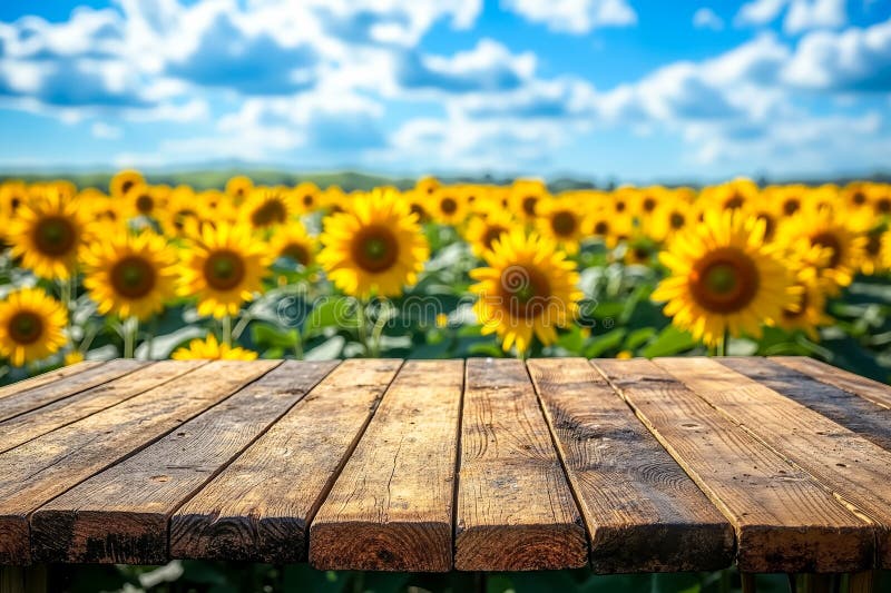 A Wooden Table in Front of a Field of Sunflowers Stock Image - Image of ...