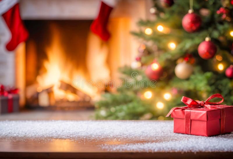 Wood Surface with Christmas Tree and Fireplace Background Stock ...