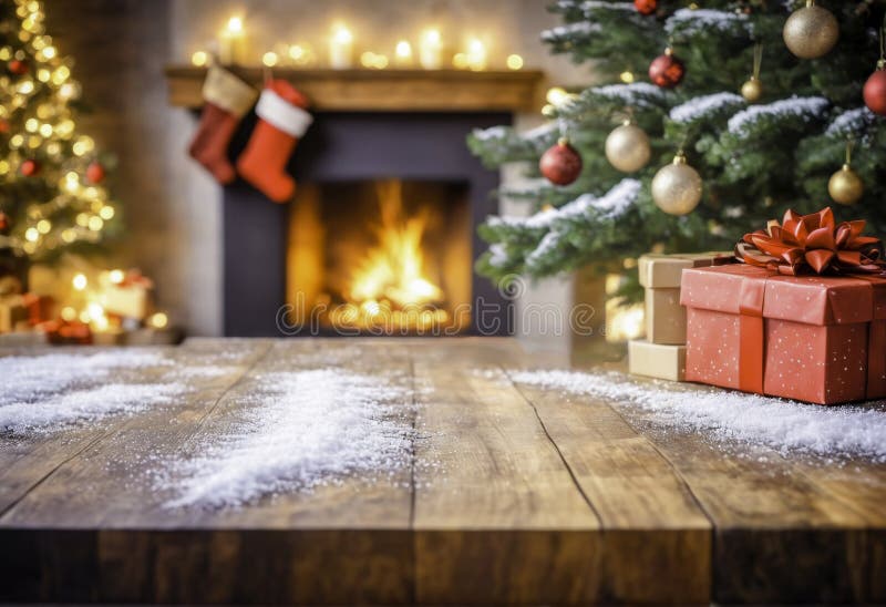 Wood Surface with Christmas Tree and Fireplace Background Stock ...