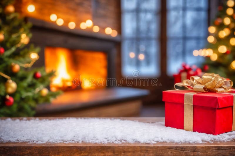 Wood Surface with Christmas Tree and Fireplace Background Stock ...