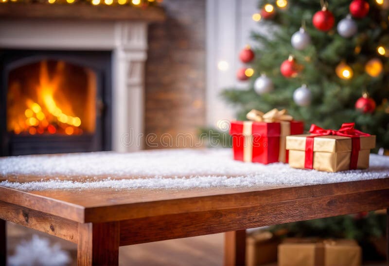 Wood Surface with Christmas Tree and Fireplace Background Stock ...