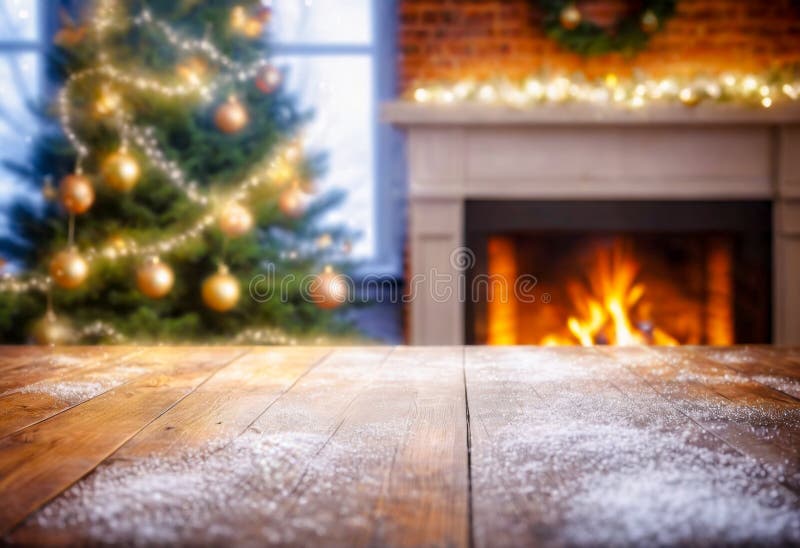 Wood Surface with Christmas Tree and Fireplace Background Stock ...