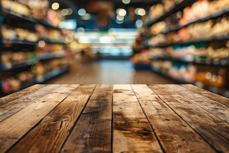 A Wooden Table in Front of a Grocery Store Aisle. Generative AI Stock ...