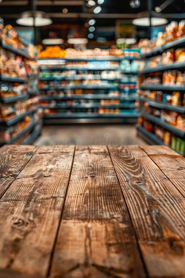A Wooden Table in Front of a Grocery Store Aisle. Generative AI Stock ...
