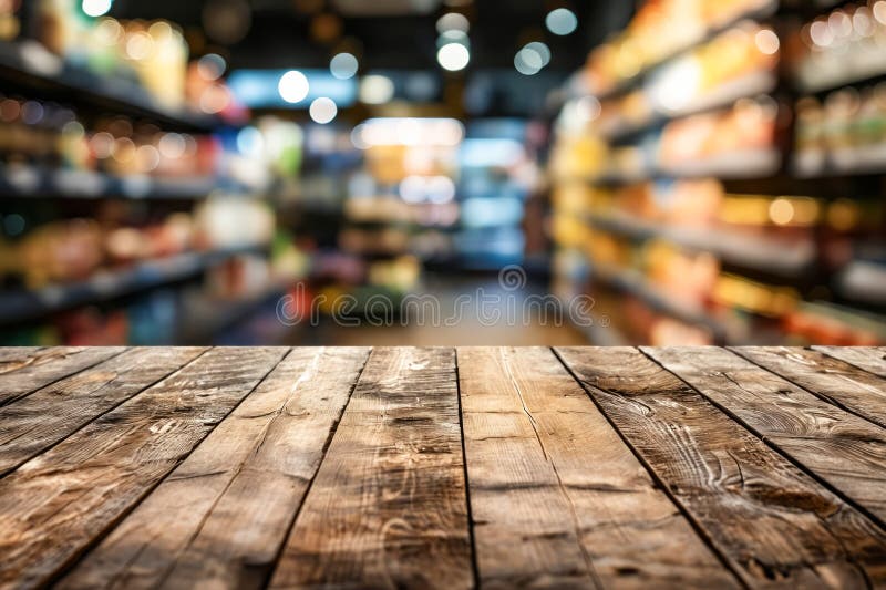 A Wooden Table in Front of a Grocery Store Aisle. Generative AI Stock ...