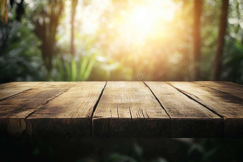 A Wooden Table in Front of a Hazy Green Garden Scene Stock Image ...