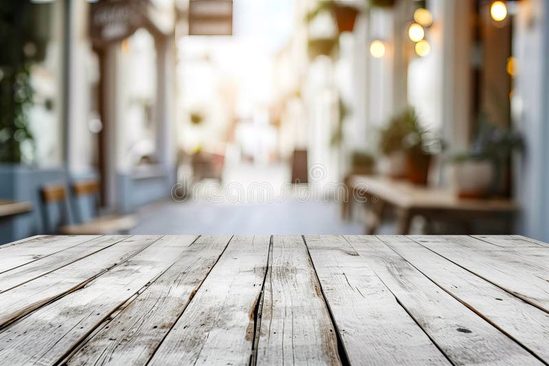 Wooden Table is in Front of Several Storefronts and Bench. Generative ...