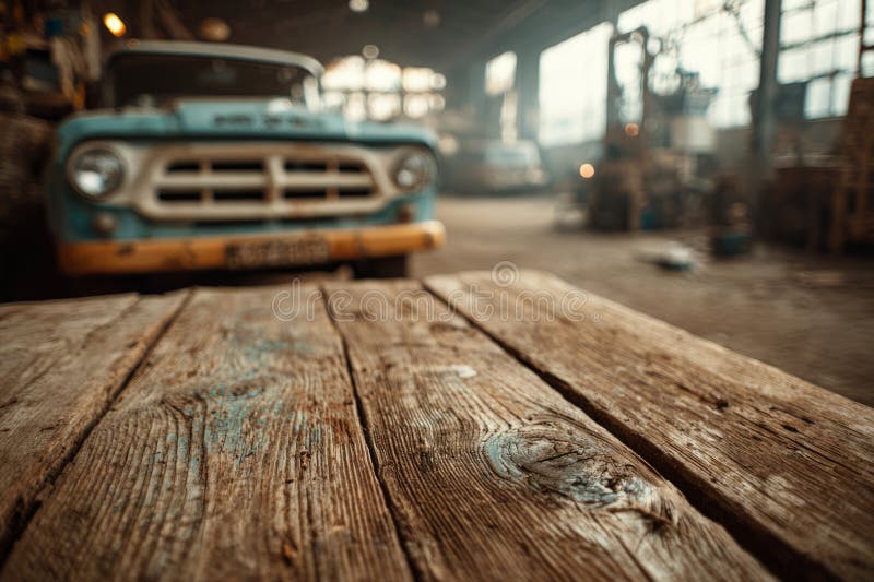 Wooden Table in Front of Vintage Car Inside Rustic Garage Stock Photo ...