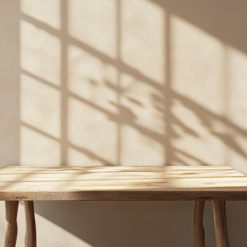 Wooden Table in Front of Wall with Shadows. 3d Rendering Stock ...