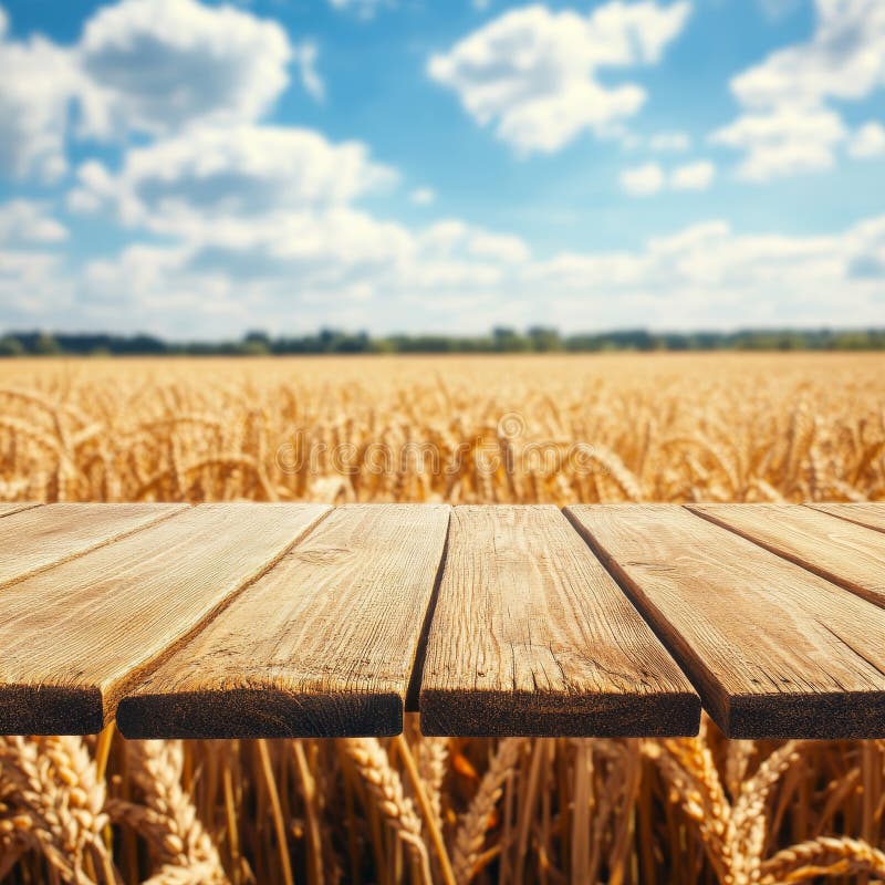 Wooden Table in Front of Wheat Field Background. Collage Stock ...