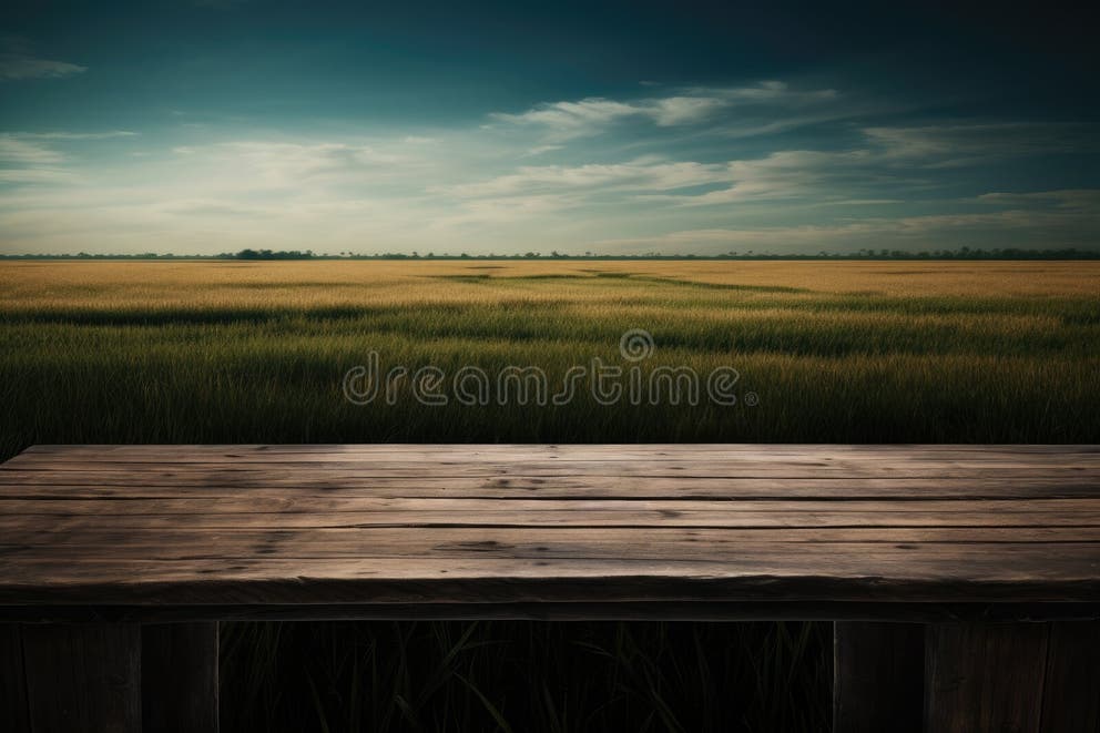 Wooden Table with Grain in Rice Field Devoid of Any Items Stock ...