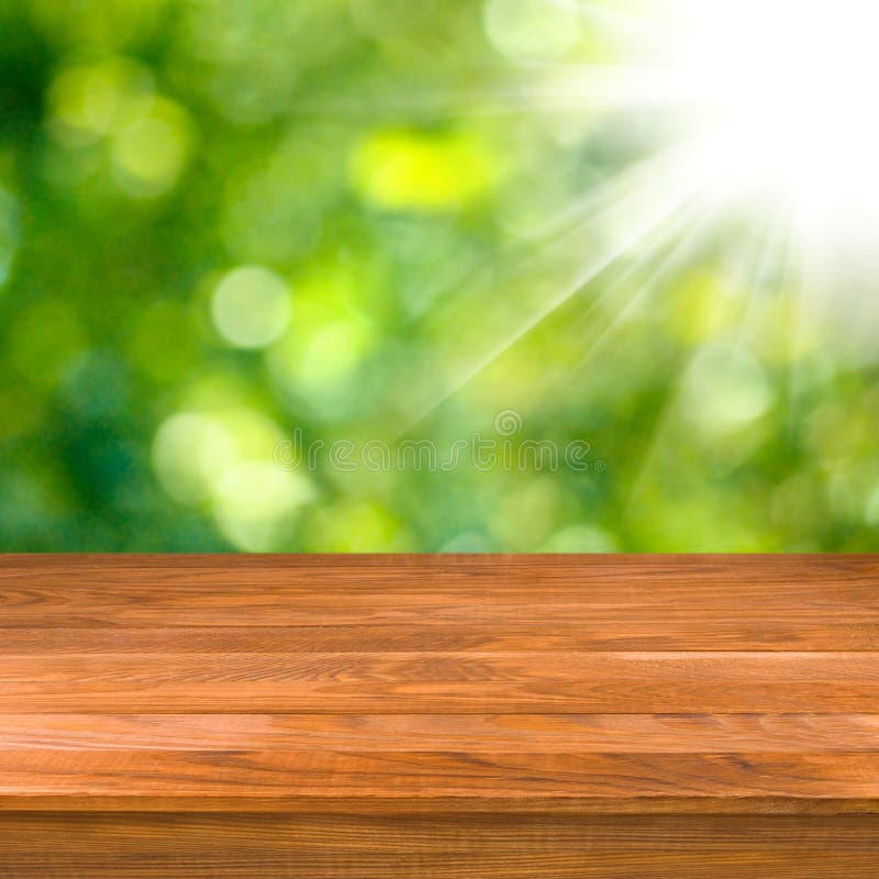 Wooden Table on Green Background Stock Photo - Image of background ...