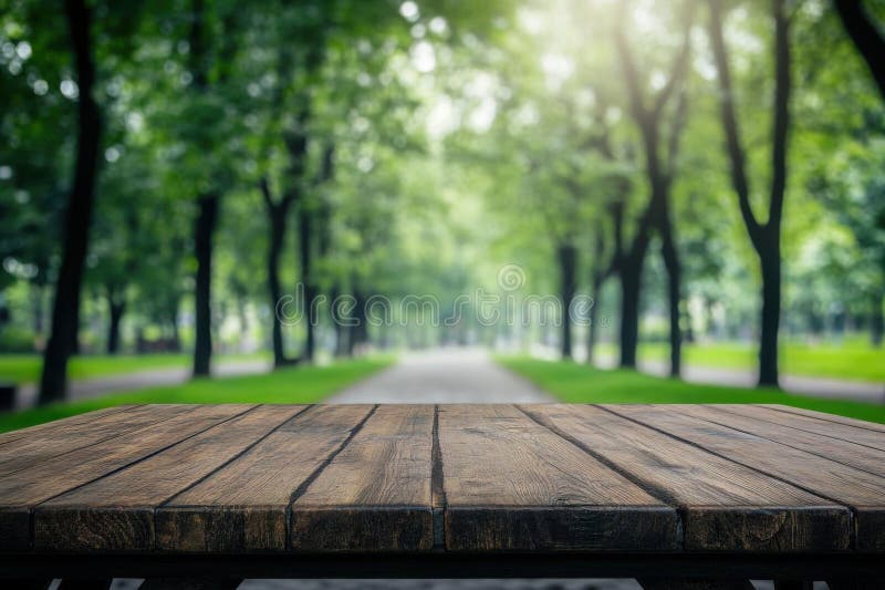 Wooden Table with Green Path Background Gives Relaxing Scenery Stock ...