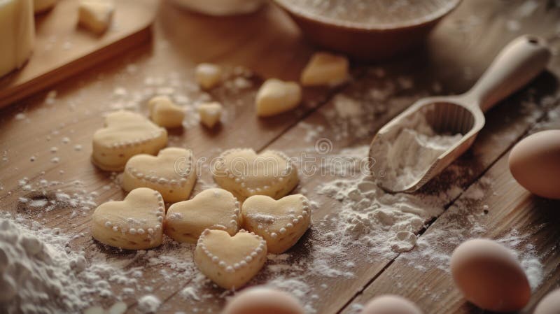 A Wooden Table with Heart Shaped Cookies Stock Image - Image of ...