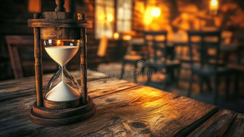 The Wooden Table Holds an Hourglass, Symbolizing a Rustic Interior ...