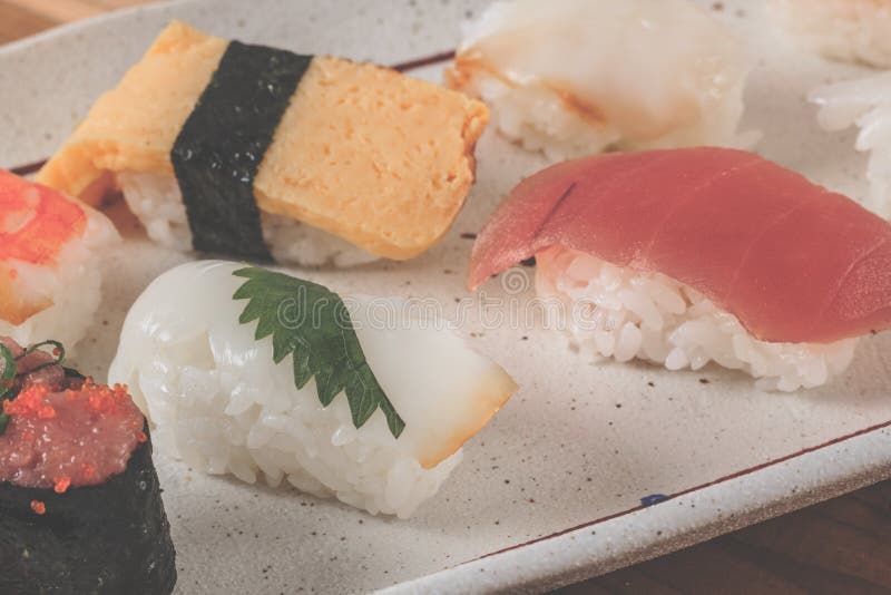 Wooden Table and Japanese Sushi Stock Photo - Image of hospitality ...