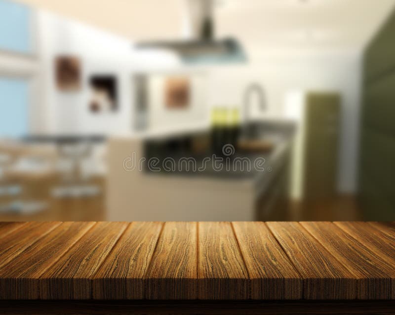 Empty Table Board and Defocused Retro Kitchen Background. Stock Image ...