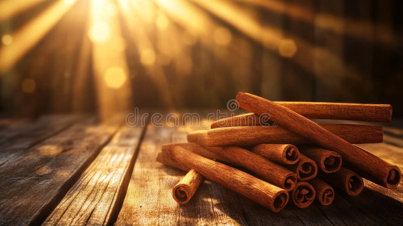 A Wooden Table in a Kitchen Setting Holds Cinnamon Sticks Stock Photo ...
