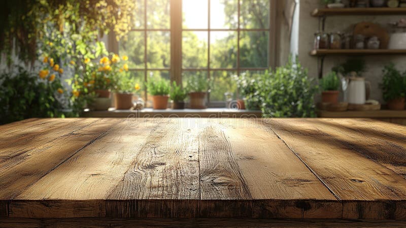 Wooden Table in a Kitchen with a Window Overlooking a Garden Stock ...