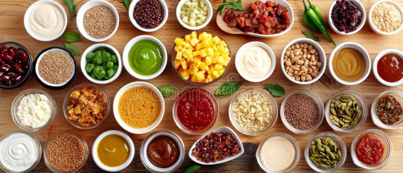 A Wooden Table, Laden with Bowls Holding Various Sauces and Condiments ...