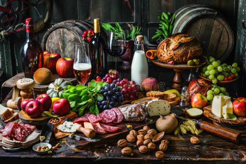 A Wooden Table Laden with Diverse Types of Food Stock Photo - Image of ...