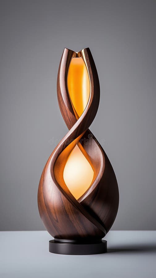 A Wooden Table Lamp with a Light on Top of it Stock Image - Image of ...