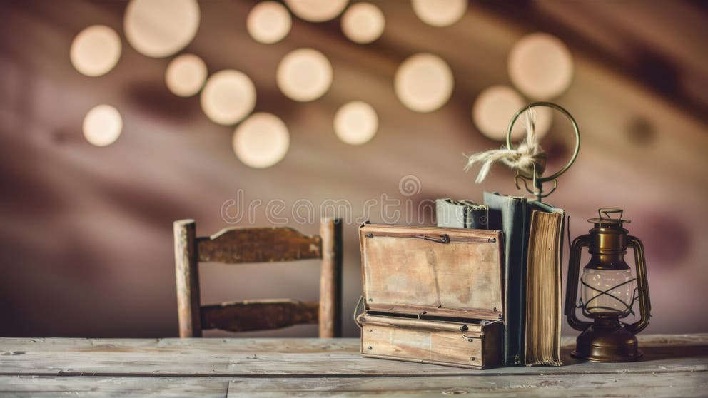 A Wooden Table with a Lantern and Books on it, AI Stock Photo - Image ...