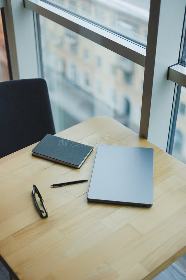 A Wooden Table with a Laptop Stock Image - Image of desk, coffee: 353621633