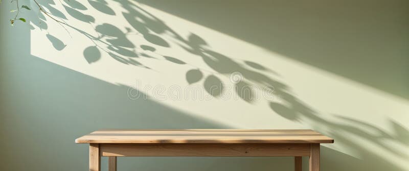 Wooden Table with Leaf Shadows on Light Green Wall Stock Image - Image ...