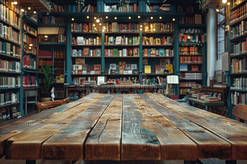 Wooden Table in a Library stock illustration. Illustration of chair ...