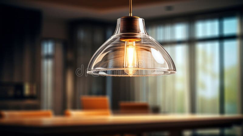 A Wooden Table with a Light Hanging Over it Stock Image - Image of ...