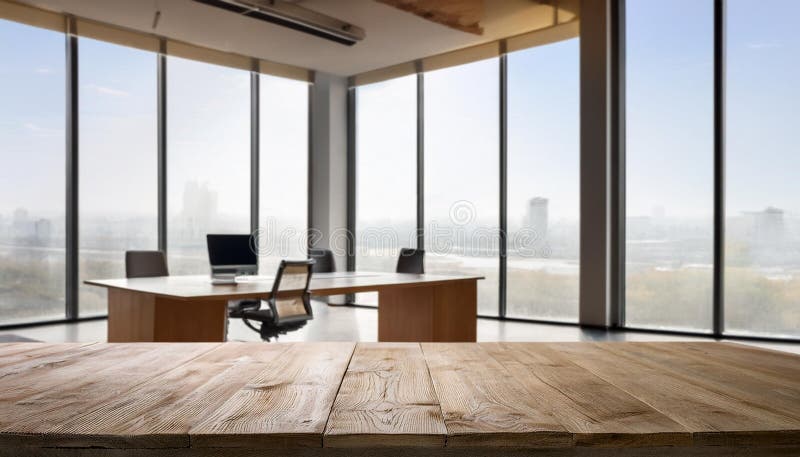 Wooden Table in Light Office with Panoramic Windows Stock Illustration ...