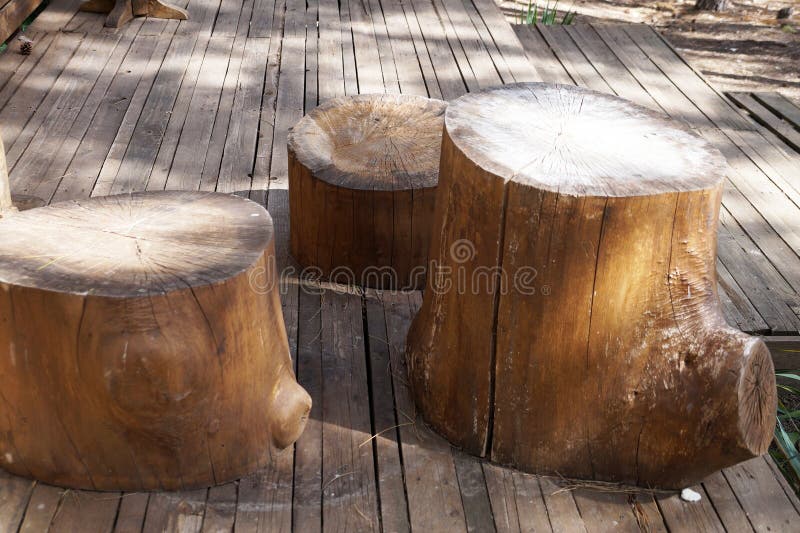 Wooden Table and Log Stools Outdoors Stock Image - Image of texture ...