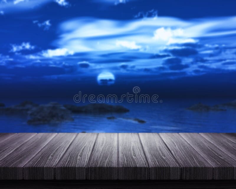 Wooden Table Looking Out To Sea at Night Stock Illustration ...