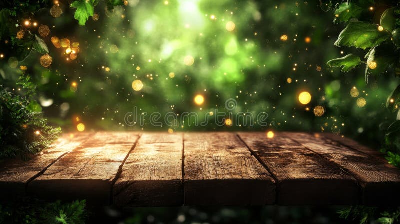 Wooden Table in a Magical Enchanting Forest Setting Stock Illustration ...