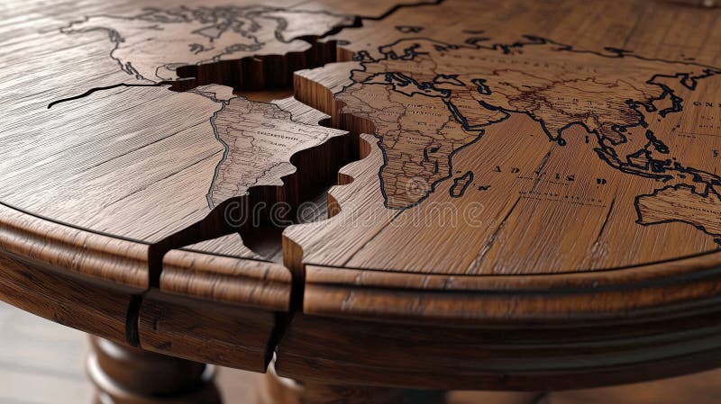 Wooden Table with a Map of the World Carved into it Stock Illustration ...