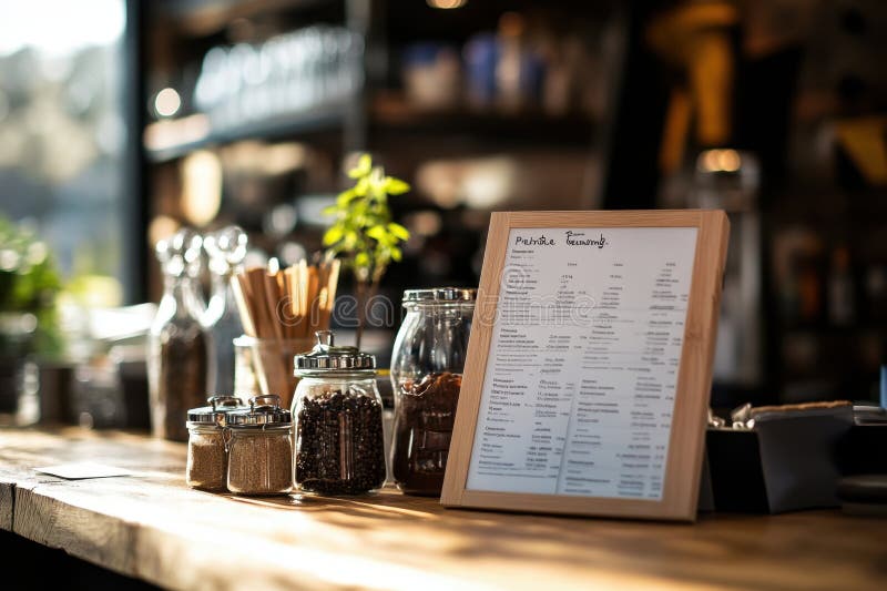 A Wooden Table with a Menu Board and Jars of Spices Stock Illustration ...