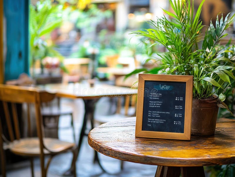 Wooden Table with Menu in Cozy Cafe with Plants Stock Illustration ...