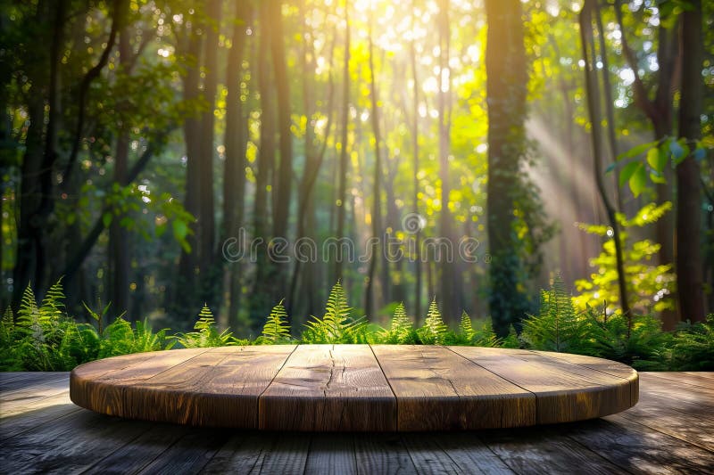 A Wooden Table in the Middle of a Forest Stock Image - Image of round ...