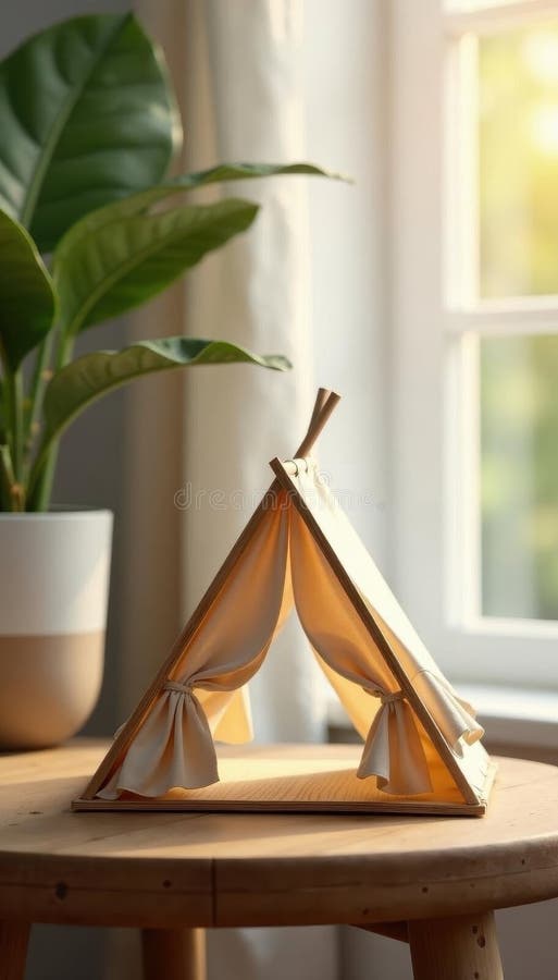 Wooden Table with Miniature Tent, Ample Space, Product Display, Stock ...