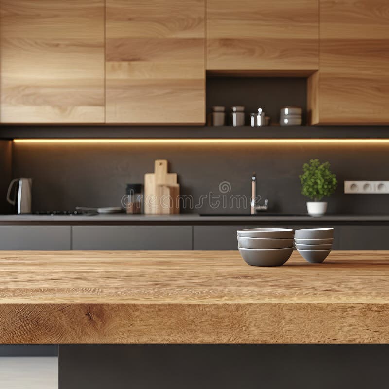 Wooden Table in Modern Kitchen Interior. Mock Up, 3D Rendering Stock ...