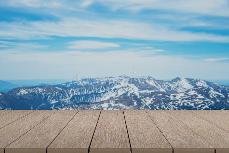 Wooden Table with Mountains Landscape Stock Image - Image of glacier ...