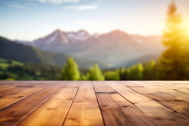 Wooden Table and Mountains Landscape in Morning Sky Stock Image - Image ...